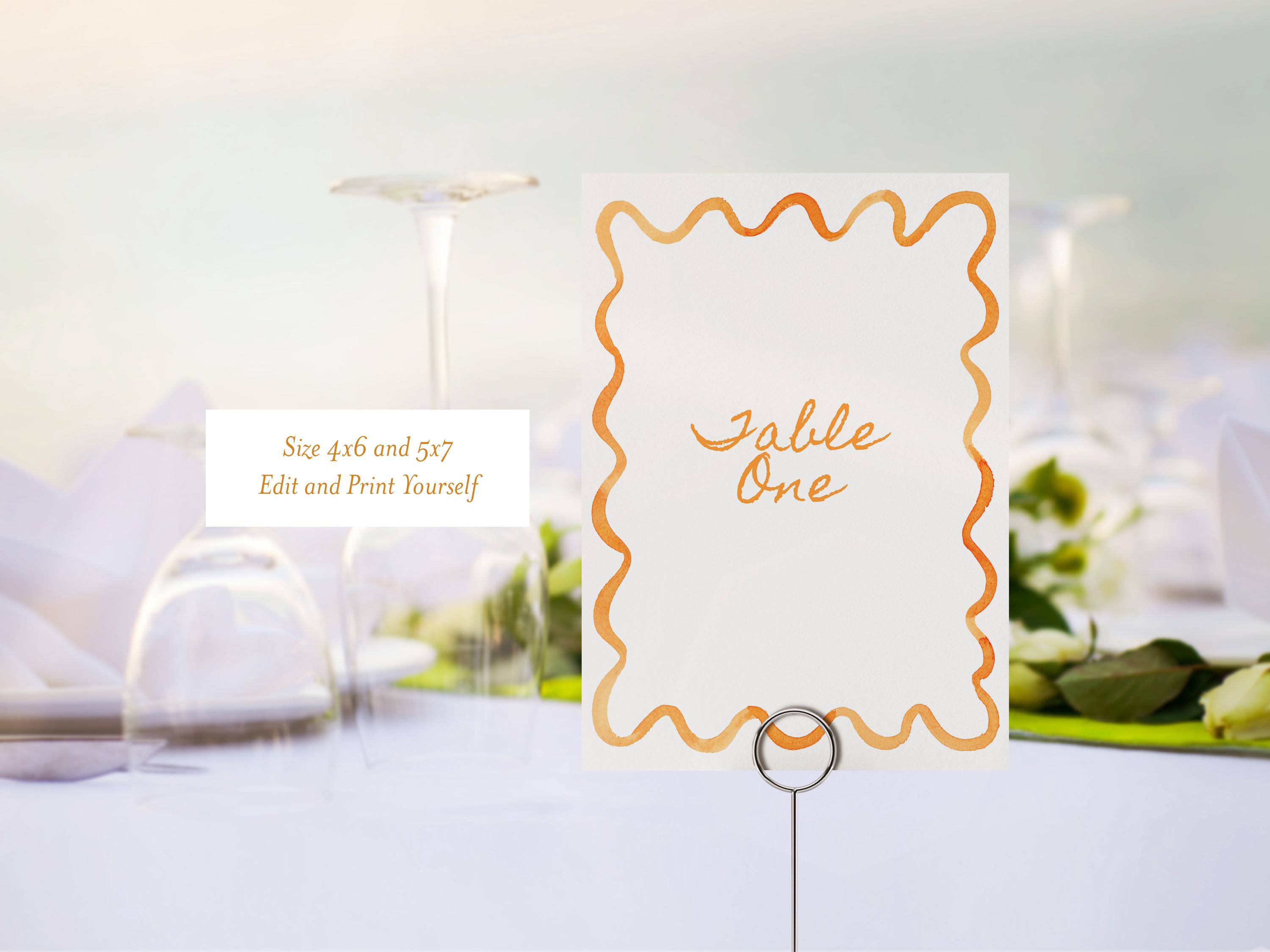 Watercolor Apricot Table Number Template: Scallop Edge Design (5x7 ...