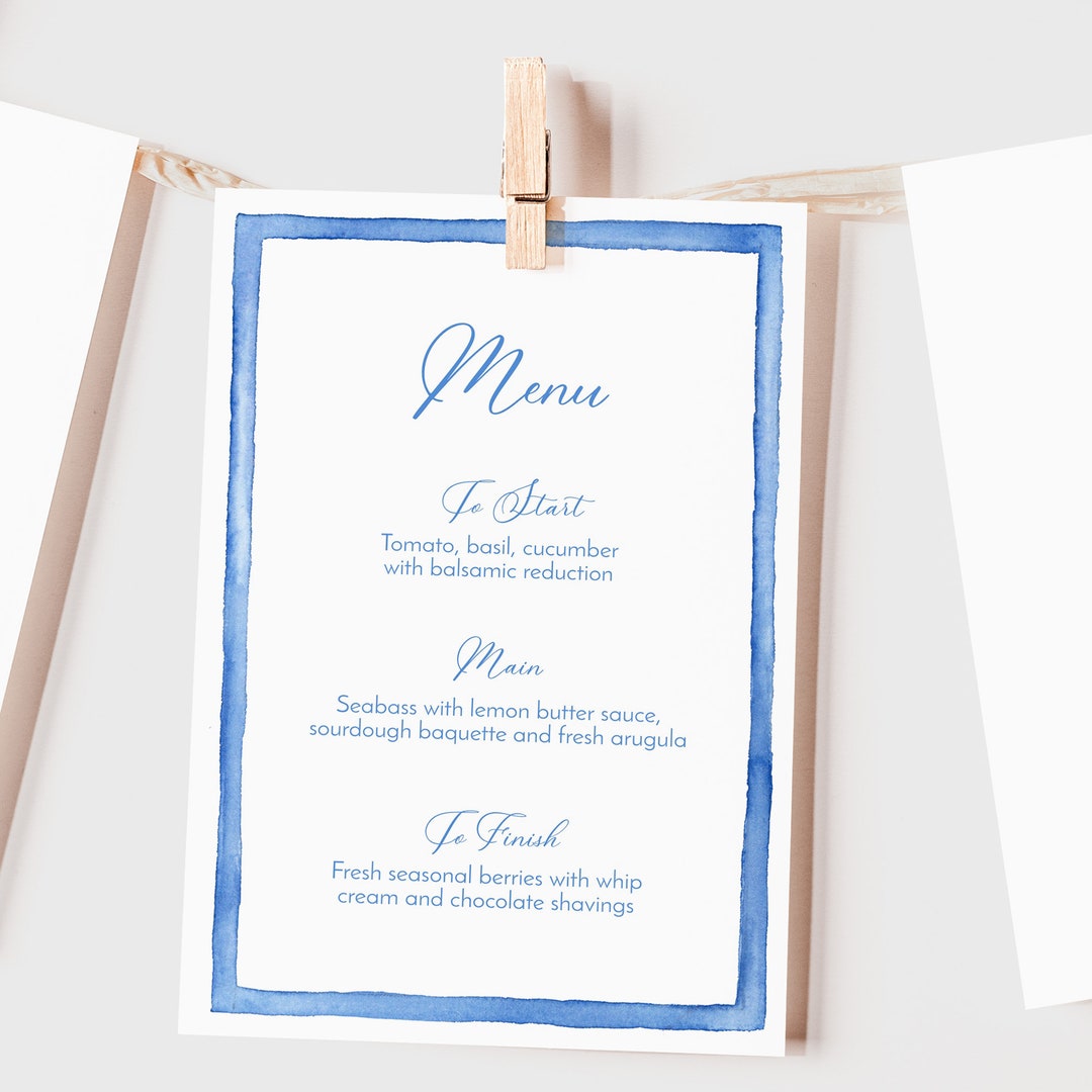 Watercolor Blue Frame Dinner Menu TEMPLATE, Light Blue Watercolor Frame ...