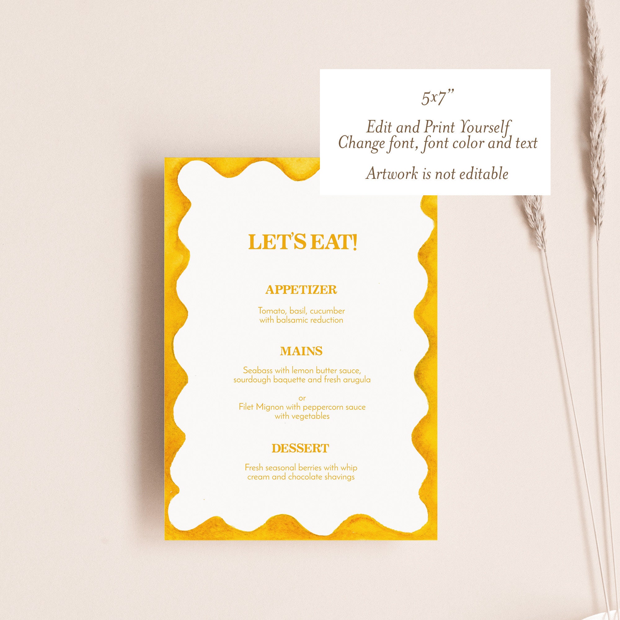 Yellow Scallop Watercolor Frame Dinner Menu TEMPLATE, Modern Wavy Menu ...