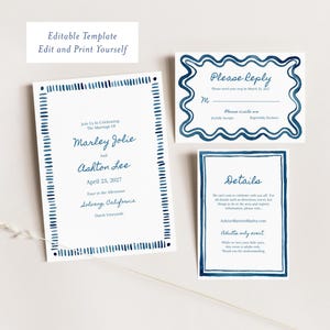 Watercolor Painted Border Wedding Invitation TEMPLATE, Squiggle, Blue Frames, Fun, Wavy ...