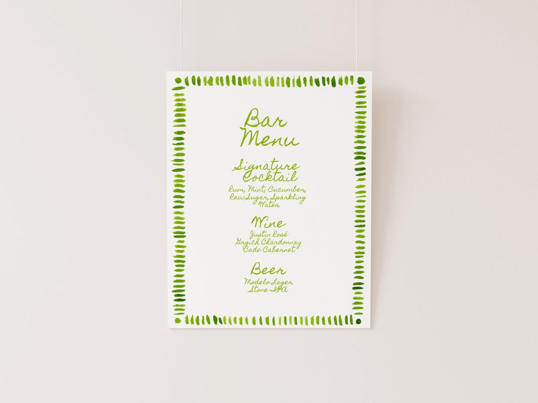 Bar Menu Bright Green Border TEMPLATE, Watercolor Green, Wedding Bar ...