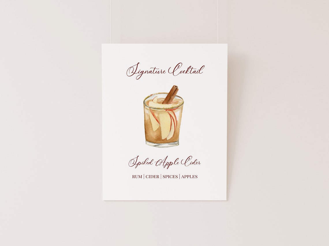 Spiced Cider Signature Cocktail Menu Template: Watercolor Holiday Bar ...