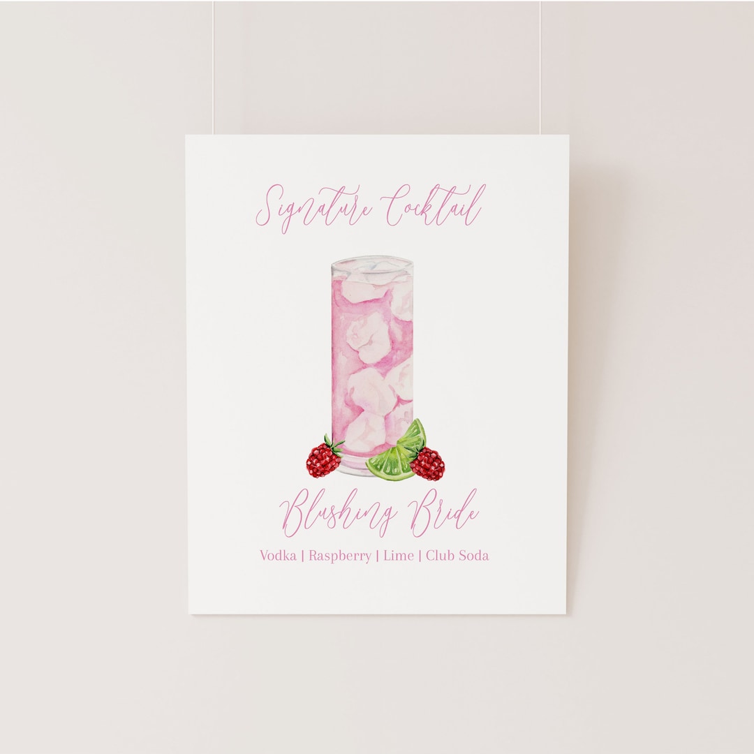 Blushing Bride Cocktail Menu TEMPLATE, Watercolor Pink Drink, Signature ...