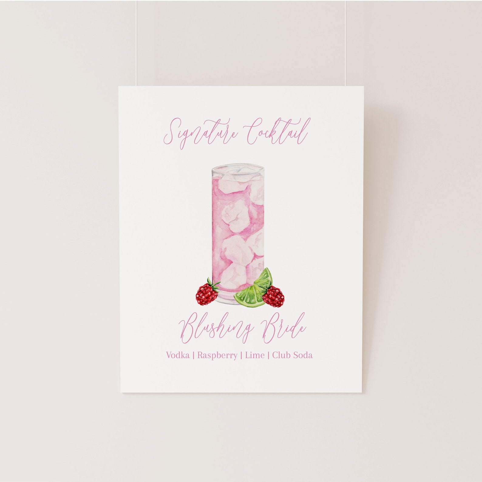 Blushing Bride Cocktail Menu TEMPLATE, Watercolor Pink Drink, Signature ...