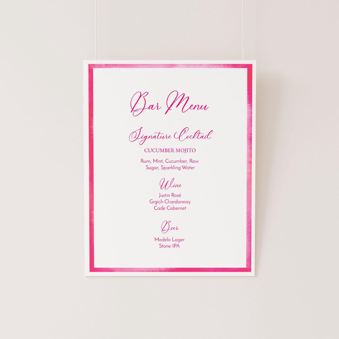 Watercolor Pink Frame Bar Menu TEMPLATE, Hot Pink Watercolor Frame ...