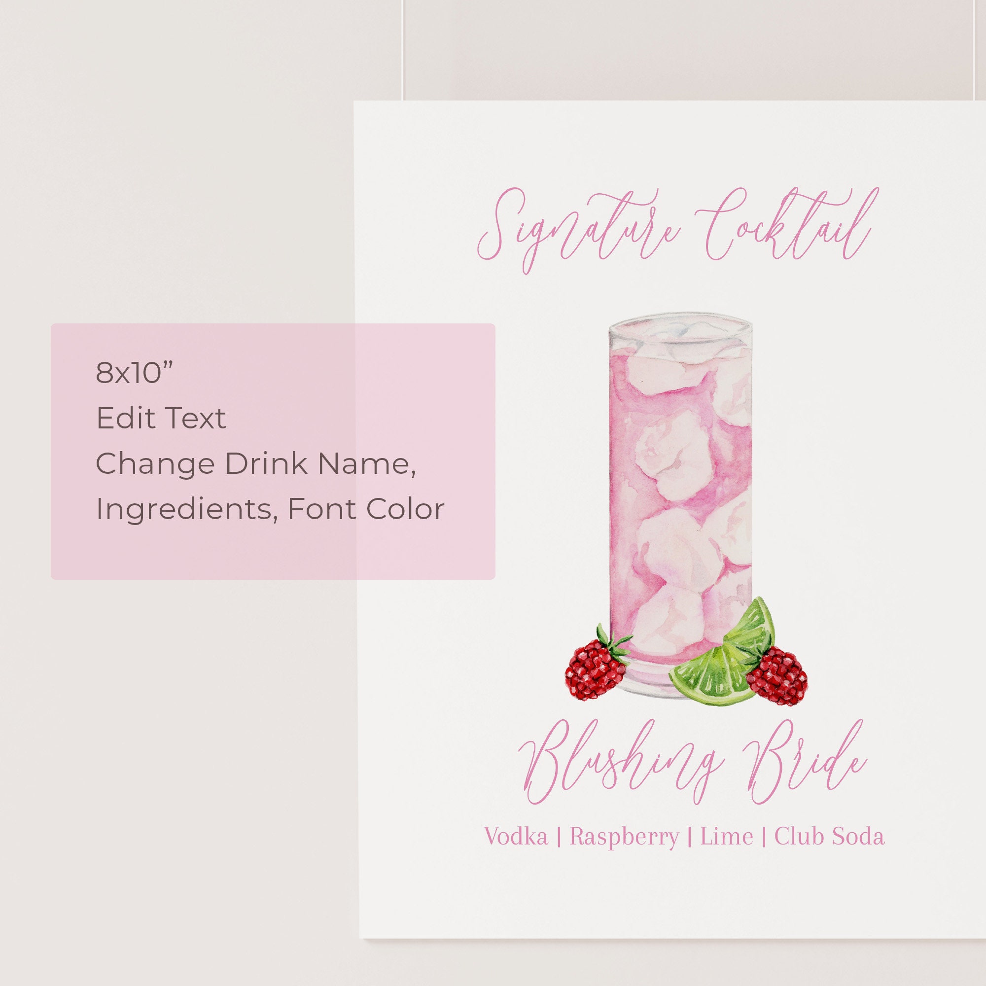 Blushing Bride Cocktail Menu TEMPLATE, Watercolor Pink Drink, Signature ...