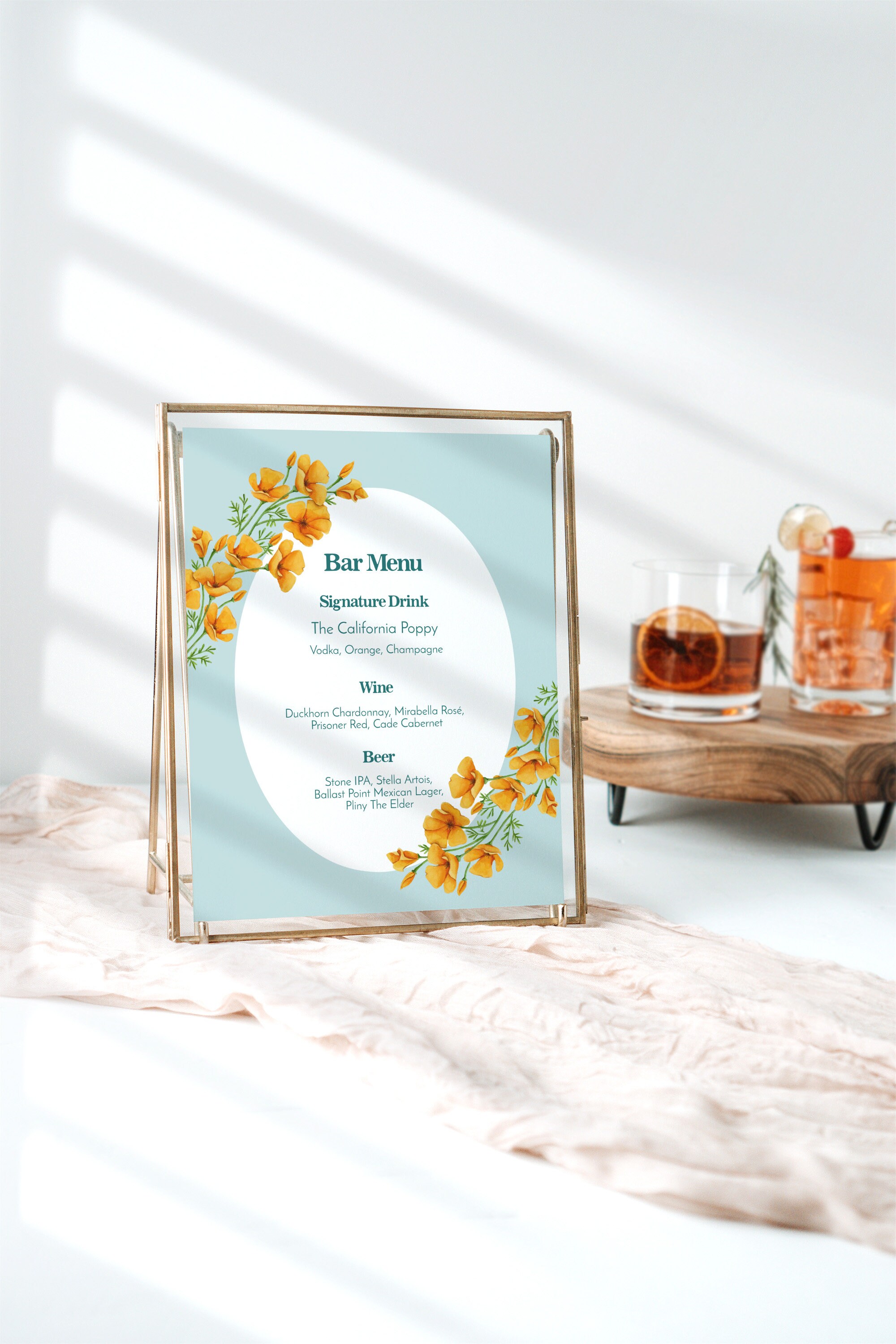 California Poppy Bar Menu Template, Orange Poppies Watercolor Sign ...