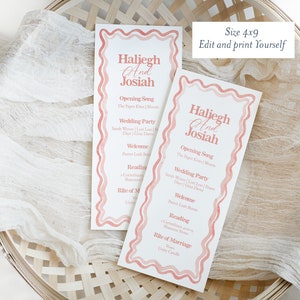 Blush Scallop Edge Program TEMPLATE, Wedding Program, Light Pink Watercolor Edge, Squiggle ...