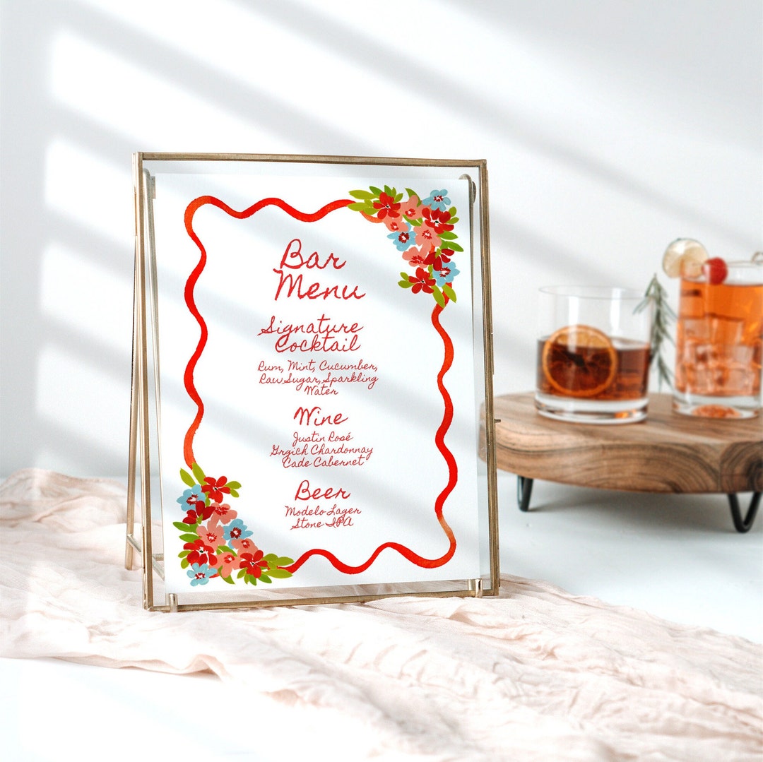 Red Squiggle With Florals Bar Menu TEMPLATE, Loopy Watercolor Bar Sign ...