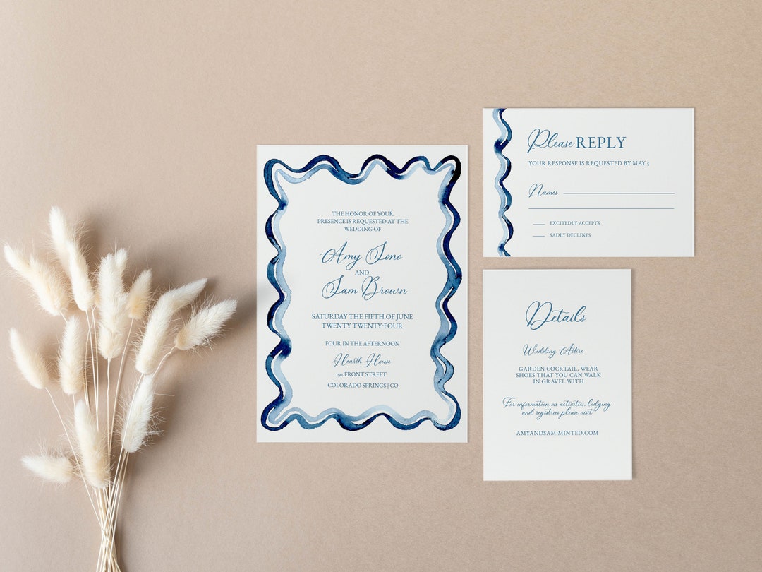 Watercolor Scallop Wedding Invitation Template: Blue Wavy Design ...