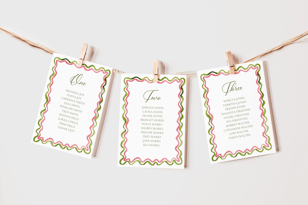 Green and Pink Squiggle Seating Chart, Card Seating Chart, Printable ...