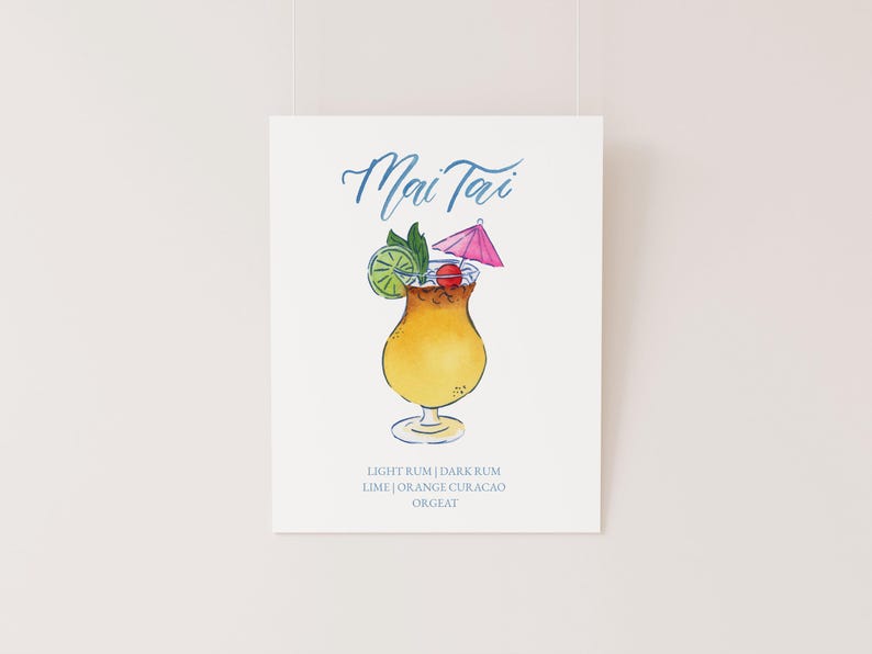 Mai Tai Watercolor Cocktail Sign Template: Bridal Bar Menu (digital ...
