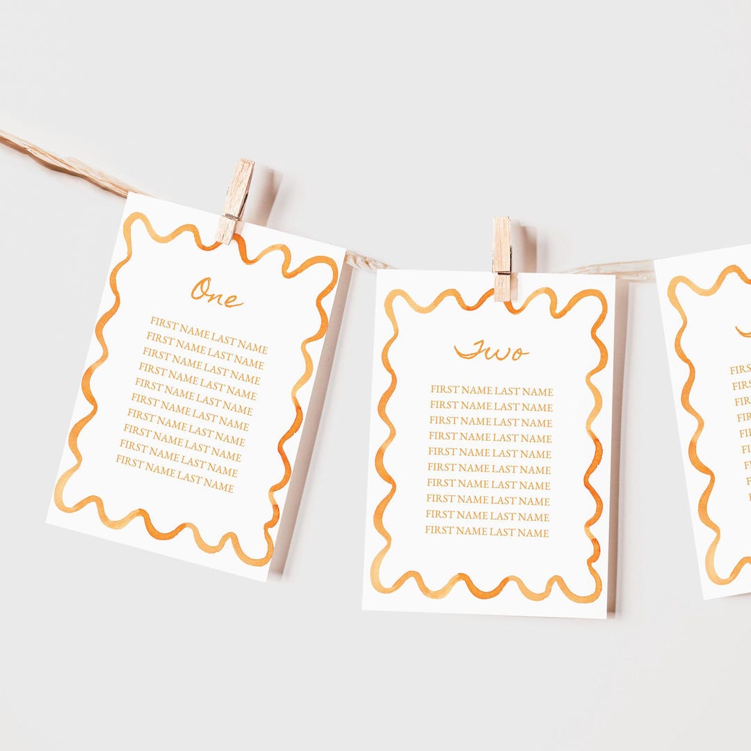 Apricot Squiggle Seating Chart Cards, Editable Table Assignment Sign ...