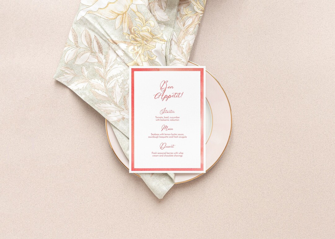 Watercolor Coral Frame Dinner Menu TEMPLATE, Watercolor Frame, Modern ...