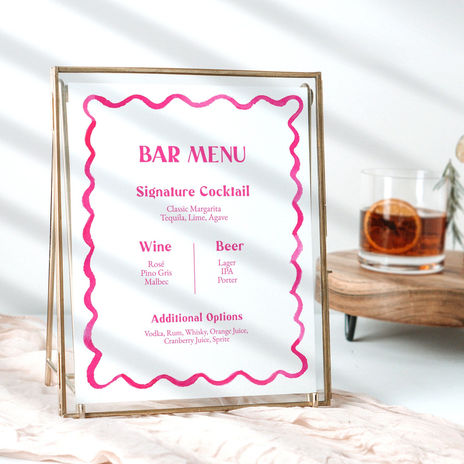 Hot Pink Squiggle Watercolor Bar Menu TEMPLATE, Modern Wavy Menu, Retro ...