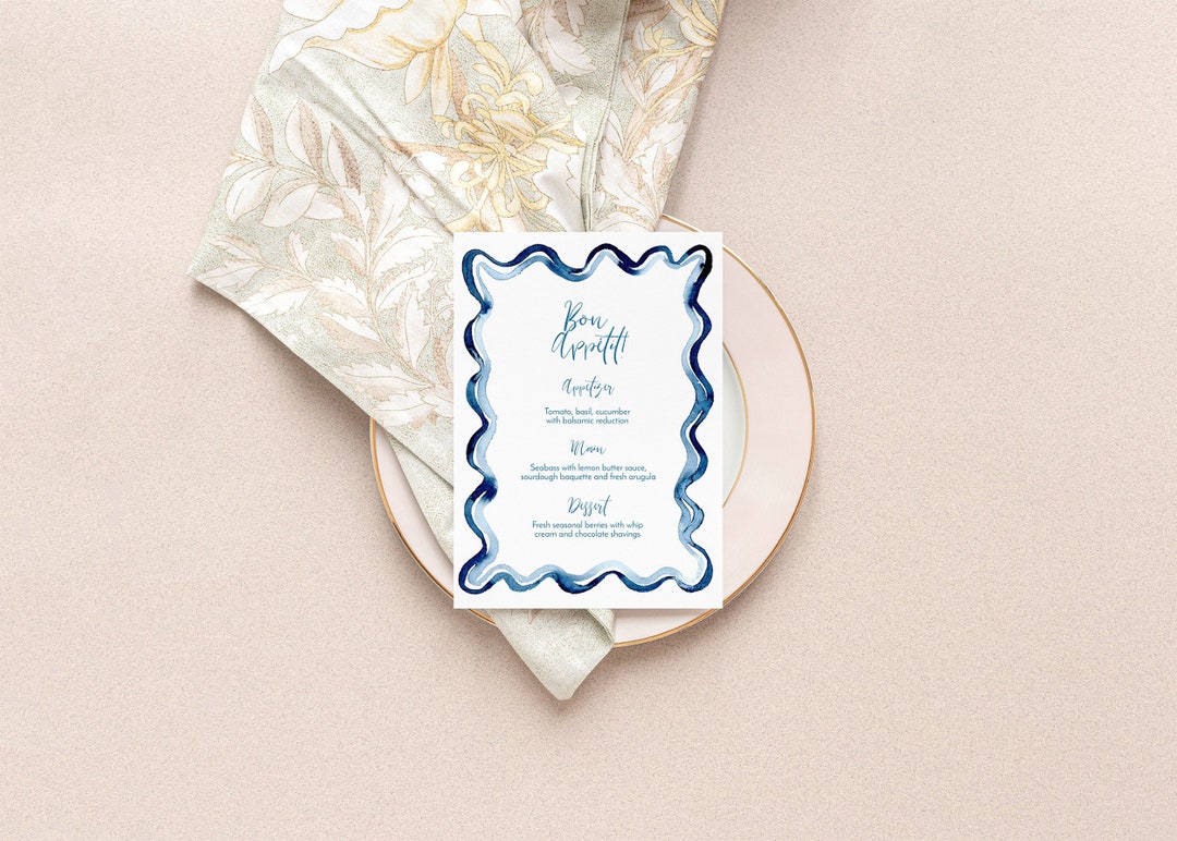 Watercolor Scallop Edge Dinner Menu TEMPLATE, Loopy Watercolor Menu ...
