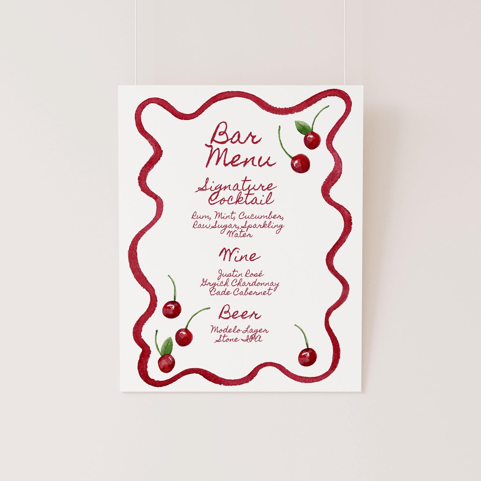 Cherry Watercolor Bar Menu Template: Wavy Edge (digital Download) - Etsy