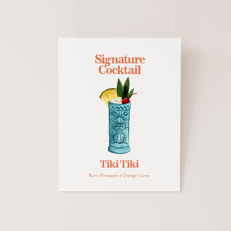 Retro Tiki Cocktail Menu, Signature Cocktail Template, Watercolor Tiki ...