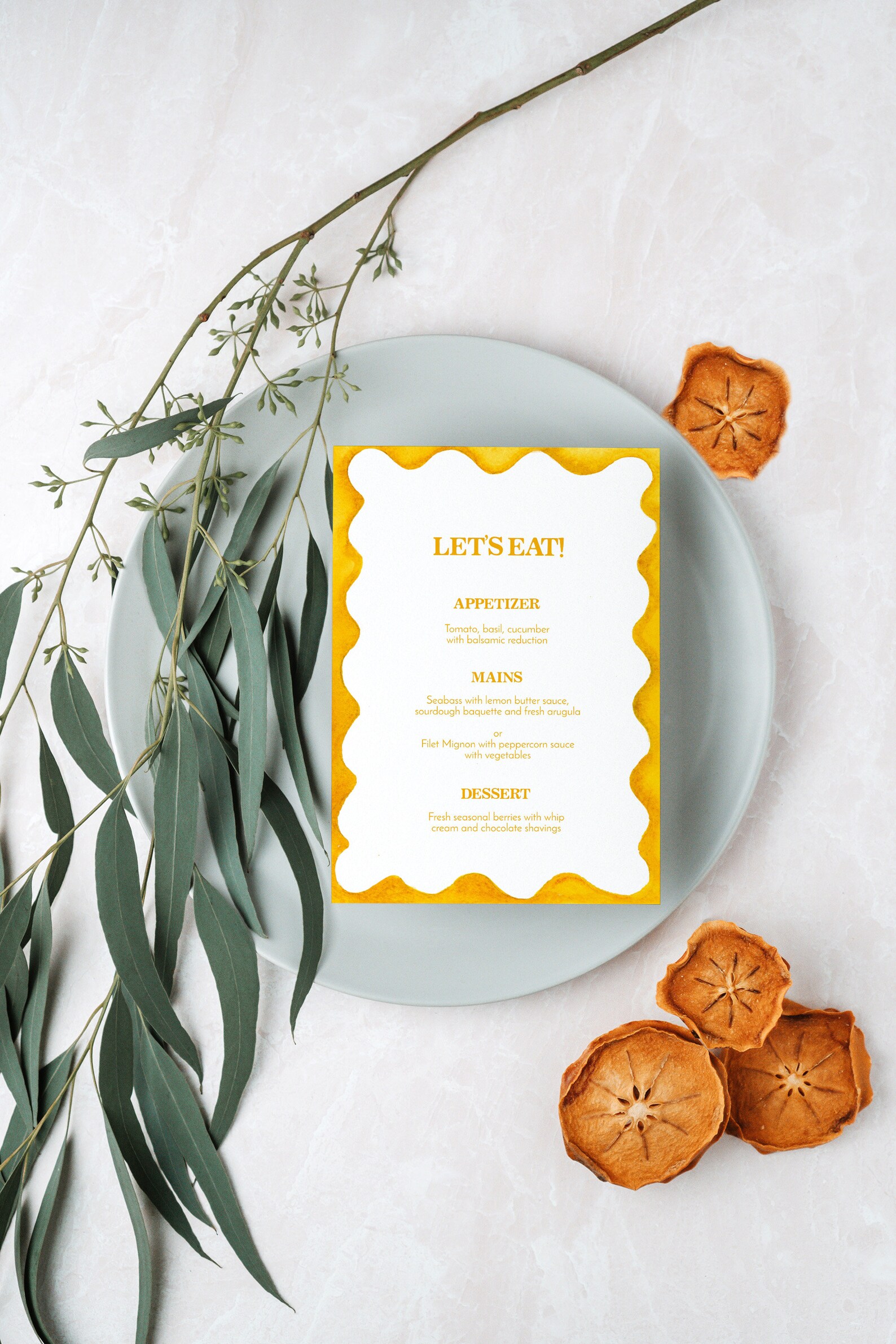 Yellow Scallop Watercolor Frame Dinner Menu TEMPLATE, Modern Wavy Menu ...