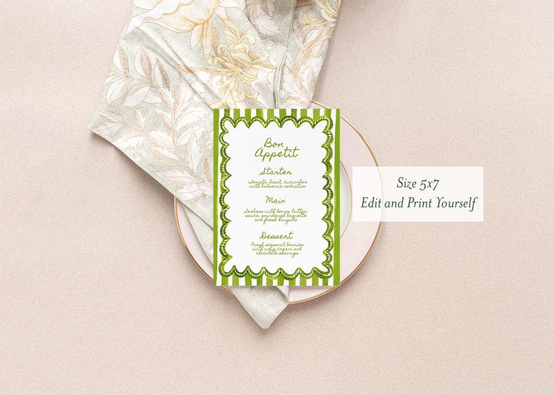 Green Scallop Border Wedding Menu: Chartreuse Stripes (5x7 Printable ...