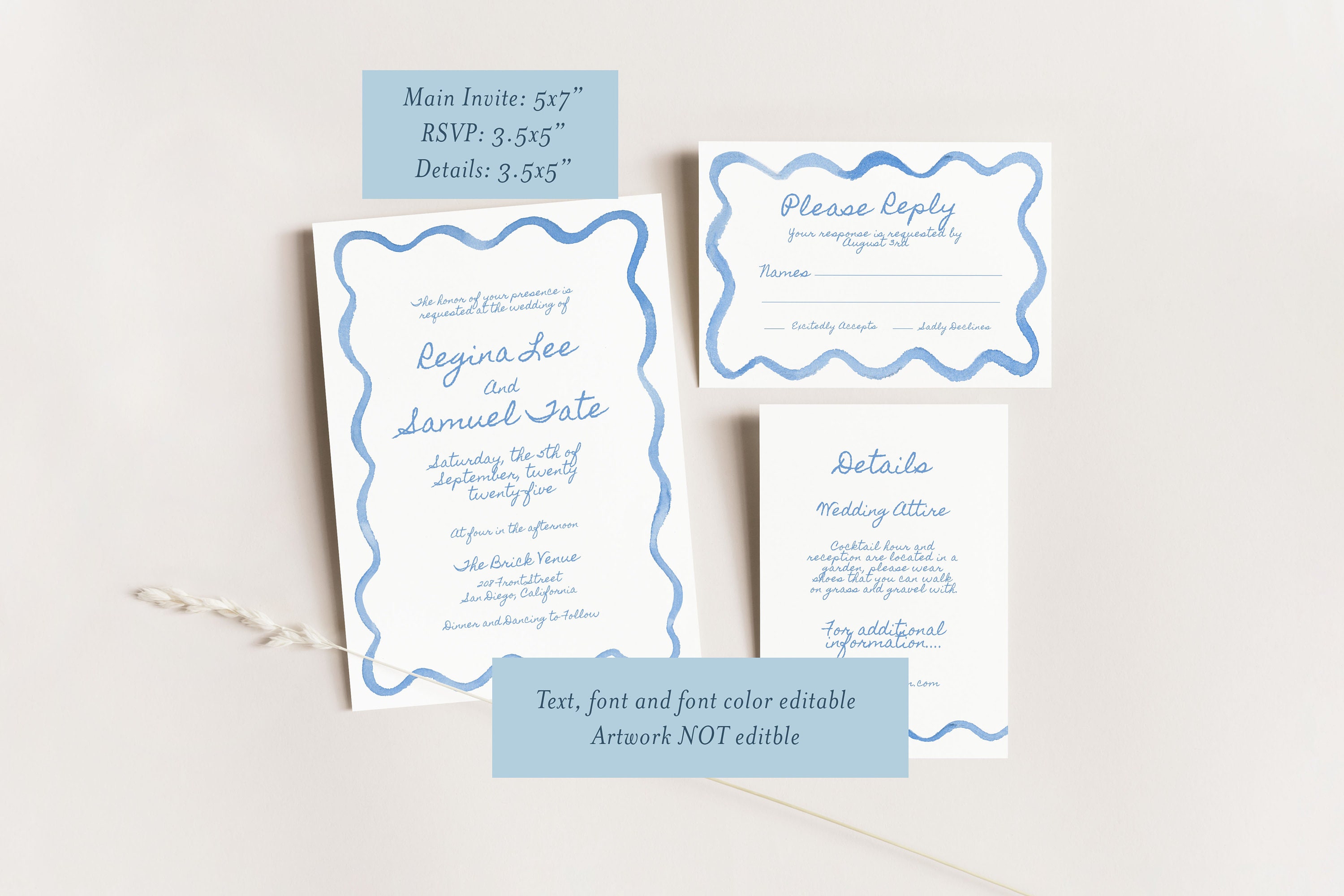 Watercolor Scallop Wedding Invitation Template: Modern Wavy Design (digital Download) - Etsy