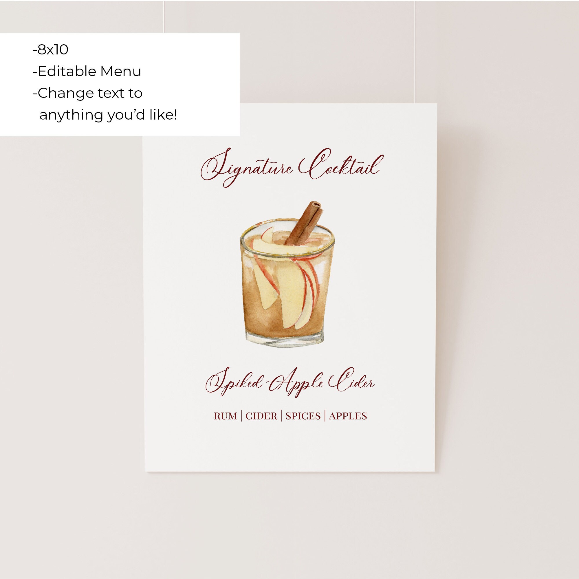 Spiced Cider Signature Cocktail Menu Template: Watercolor Holiday Bar ...