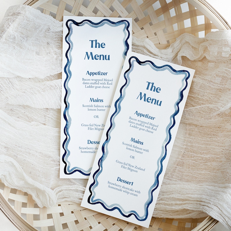 Watercolor Scallop Edge Dinner Menu TEMPLATE, Squiggle Watercolor Menu ...