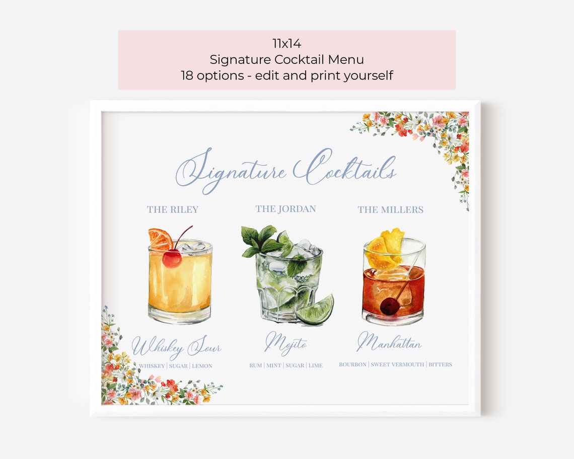 Watercolor Signature Cocktail Bar Menu Template (digital Download) - Etsy