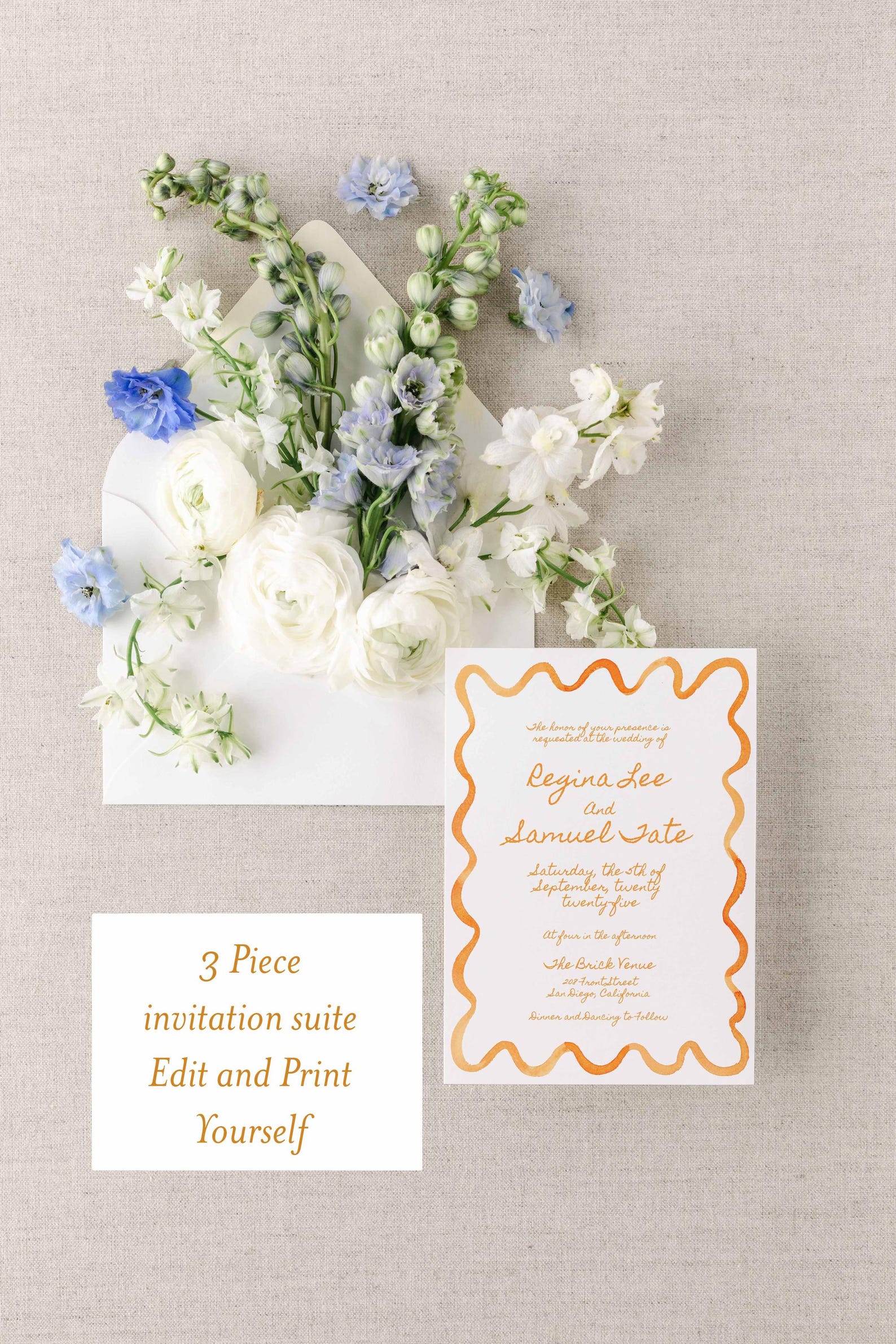 Watercolor Scallop Wedding Invitation Template: Apricot Wavy Design ...