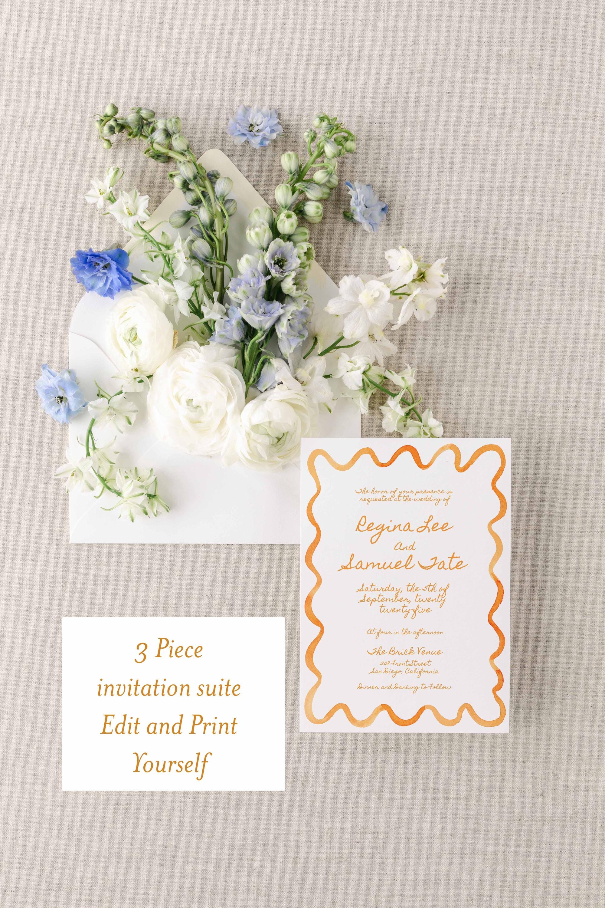 Watercolor Scallop Wedding Invitation Template: Apricot Wavy Design ...