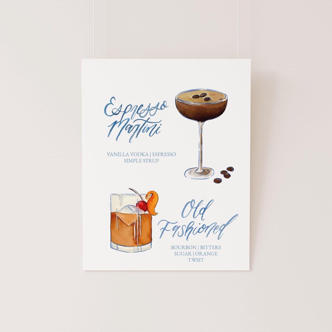 Watercolor Cocktail Menu Template: Espresso Martini & Old Fashioned ...