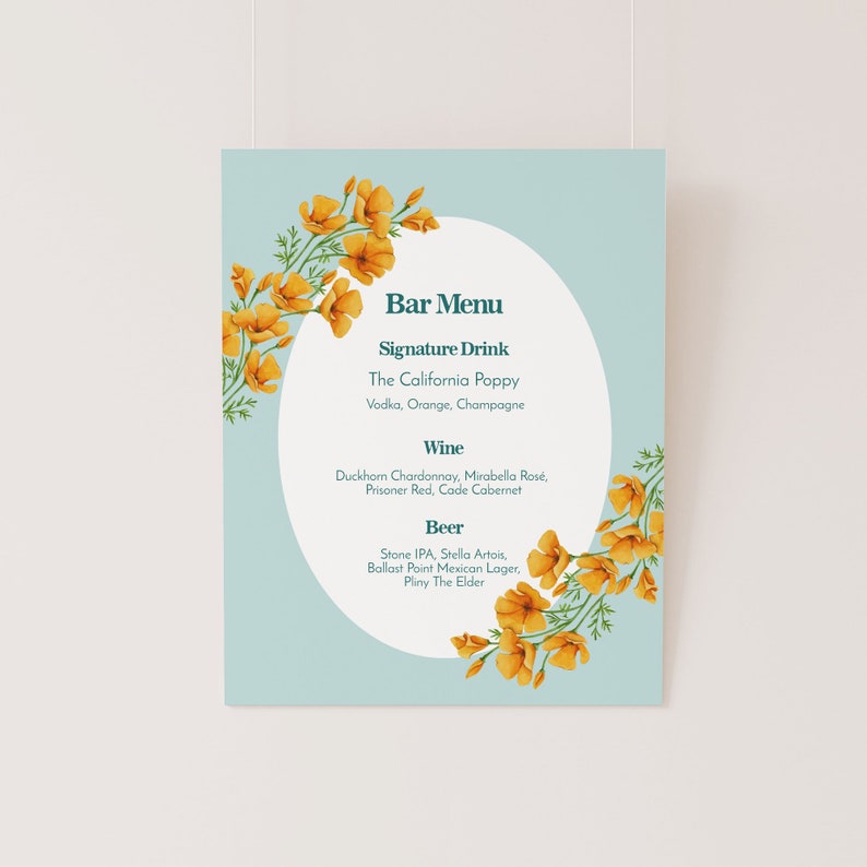 California Poppy Bar Menu Template, Orange Poppies Watercolor Sign ...