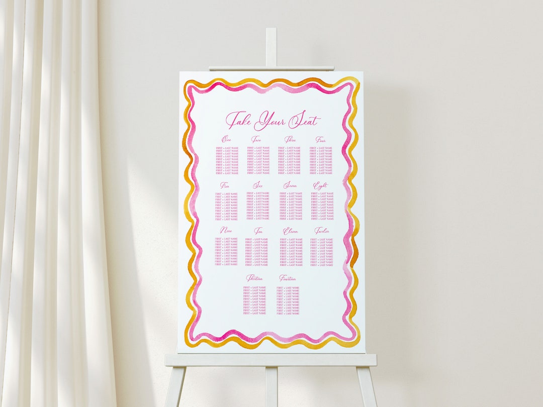Squiggle Seating Chart Template, Pink and Yellow, Printable Wedding ...