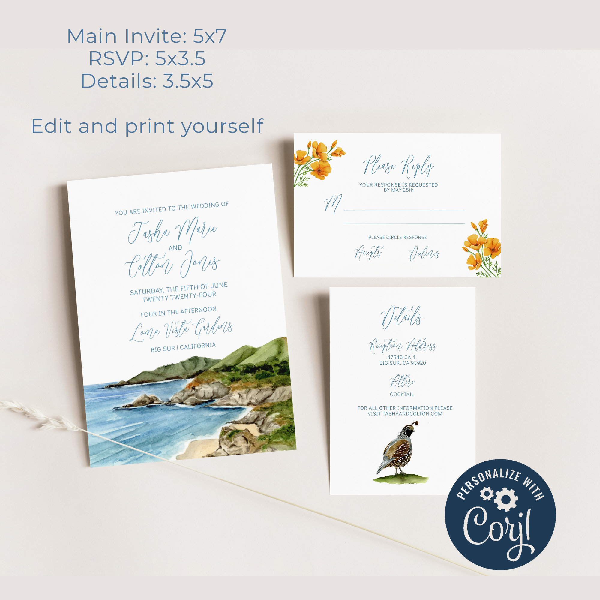 California Themed Wedding Invitation TEMPLATE, California Coastal ...