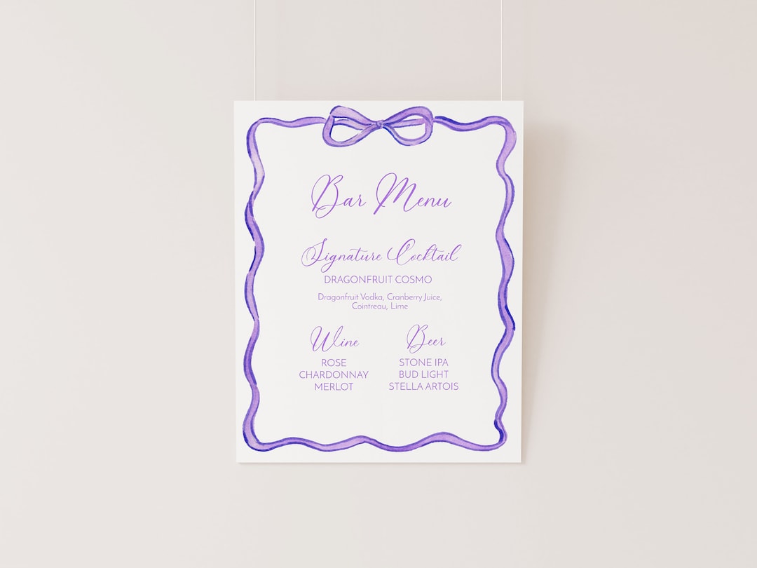 Purple Bow Bar Menu Template: Wavy Border Party Sign (digital Download ...