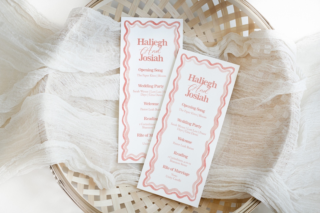 Blush Scallop Edge Program TEMPLATE, Wedding Program, Light Pink Watercolor Edge, Squiggle ...