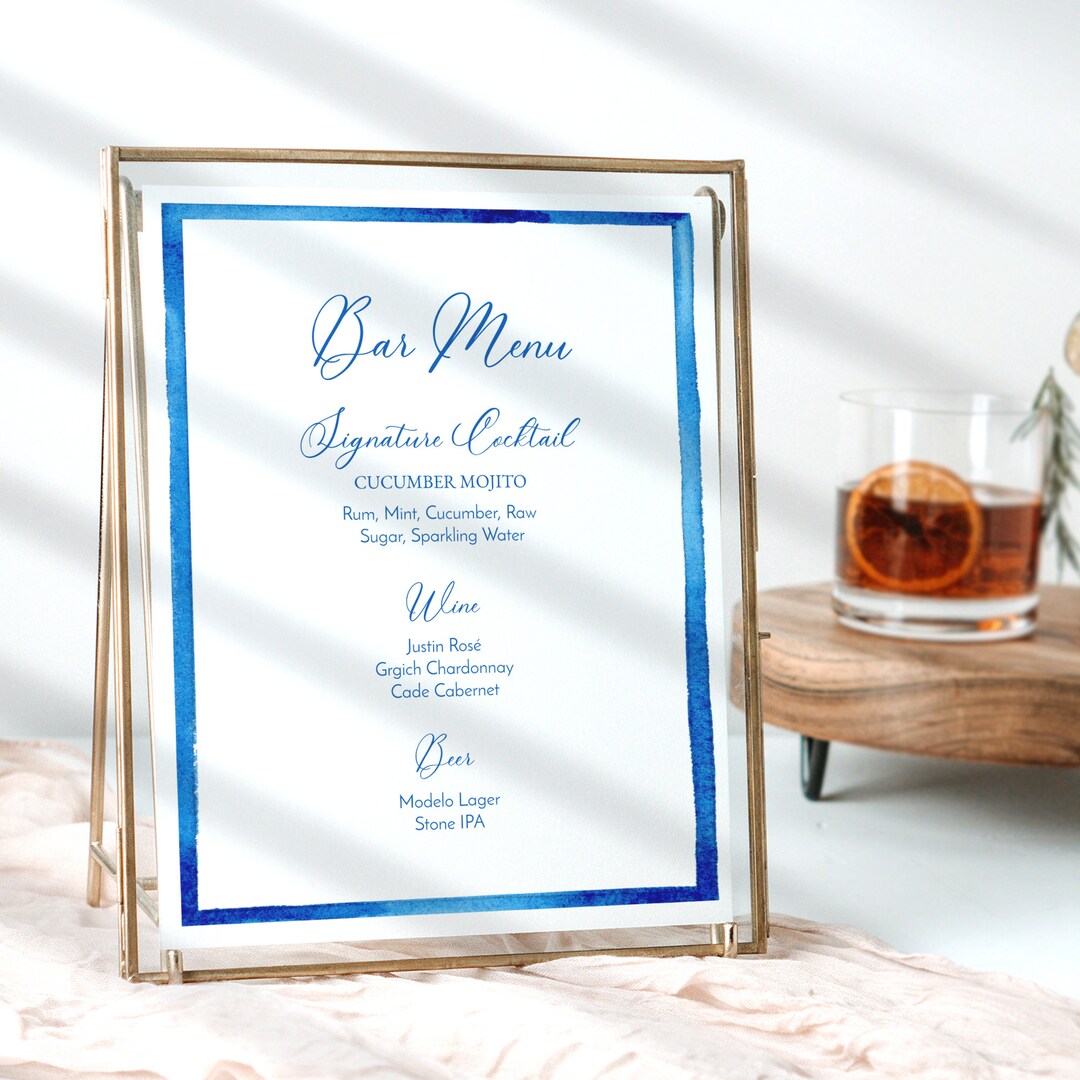 Watercolor Ocean Blue Frame Bar Menu TEMPLATE, Beach Wedding, Blue ...