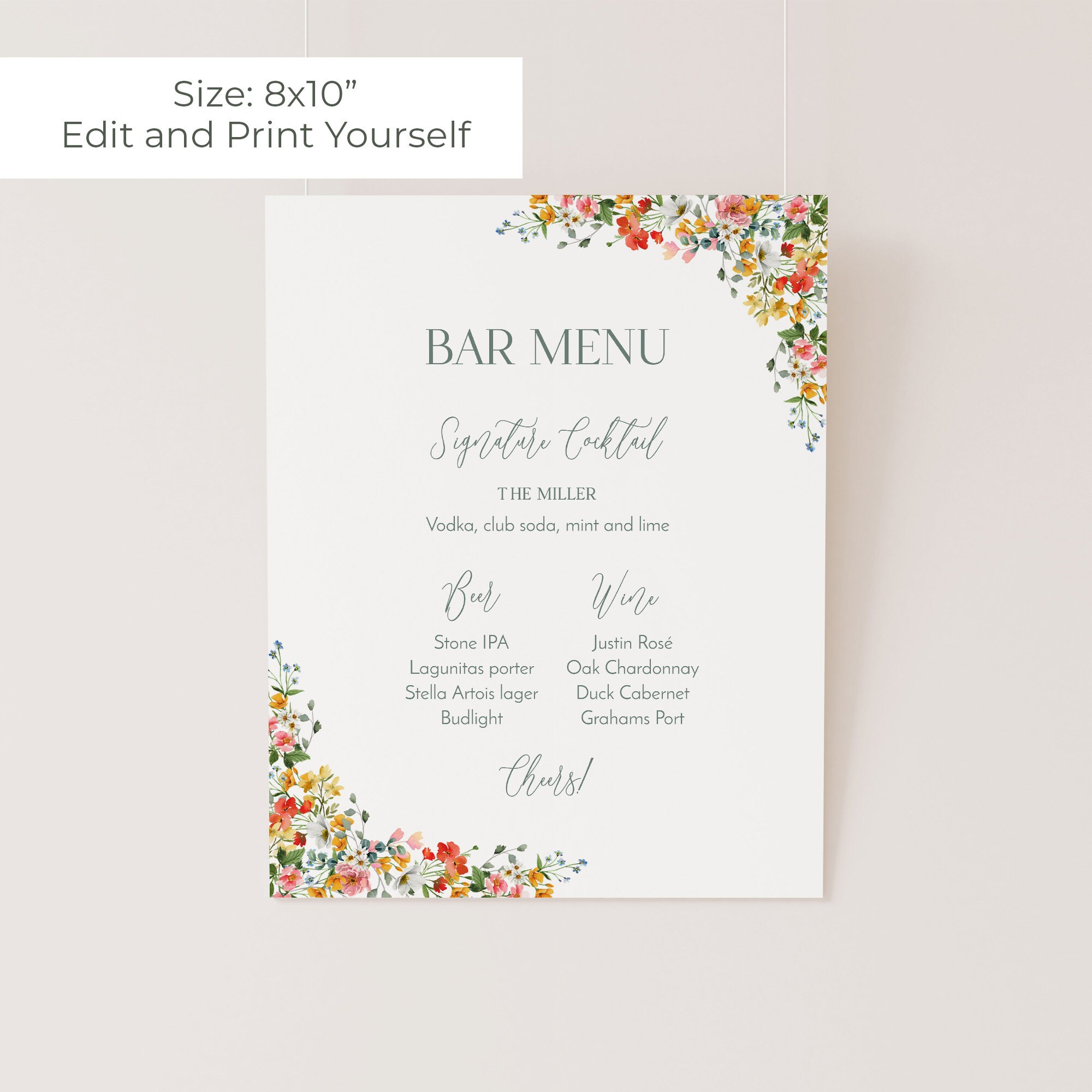 Botanical Bar Menu TEMPLATE Bright Wildflower Printable - Etsy