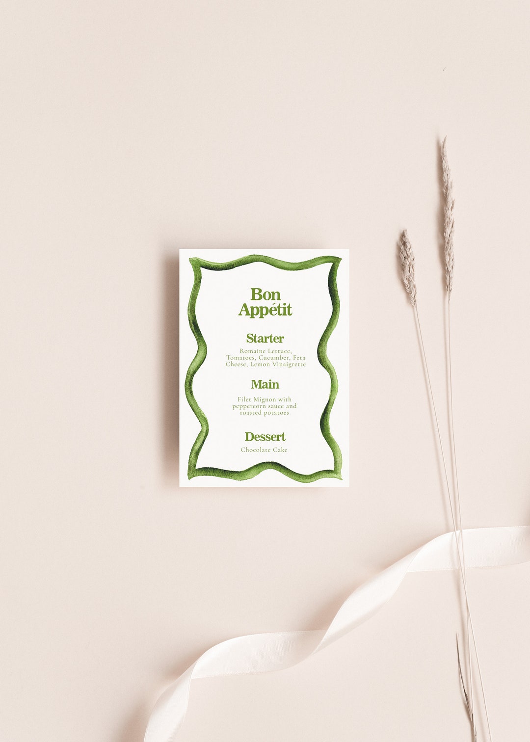 Green Watercolor Edge Dinner Menu, Printable Menu Card, Look of Custom ...