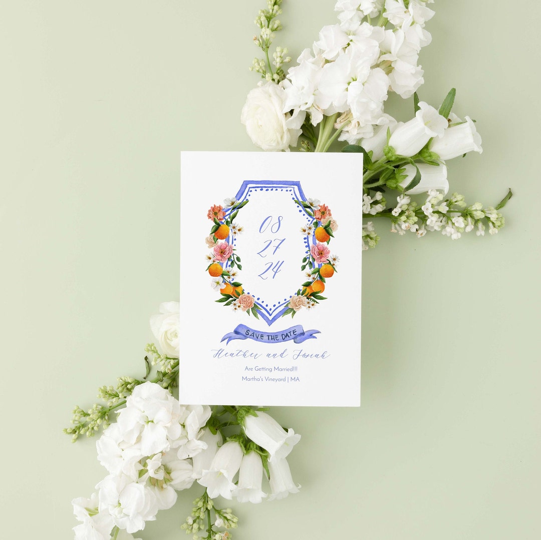 Watercolor Crest Save the Date TEMPLATE, Oranges and Flowers Crest ...