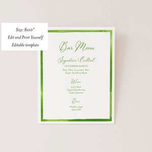Watercolor Lime Green Bar Menu Template: Modern Wedding Sign (8x10) - Etsy