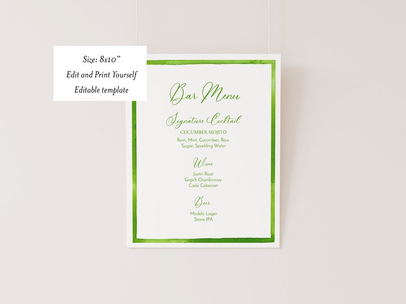 Watercolor Lime Green Bar Menu Template: Modern Wedding Sign (8x10) - Etsy