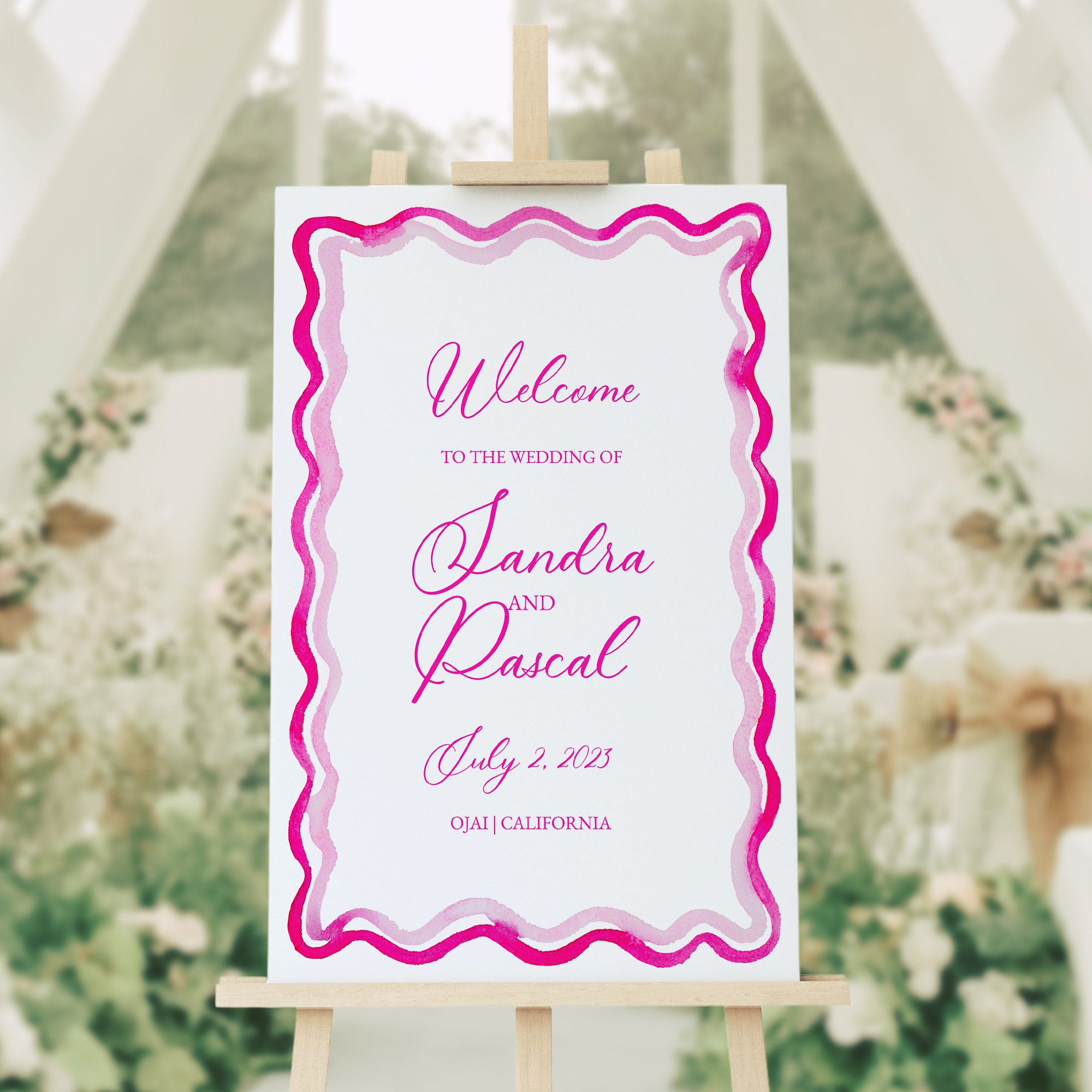 Pink Watercolor Squiggle Welcome Sign, Hot Pink Scallop Edge Design ...