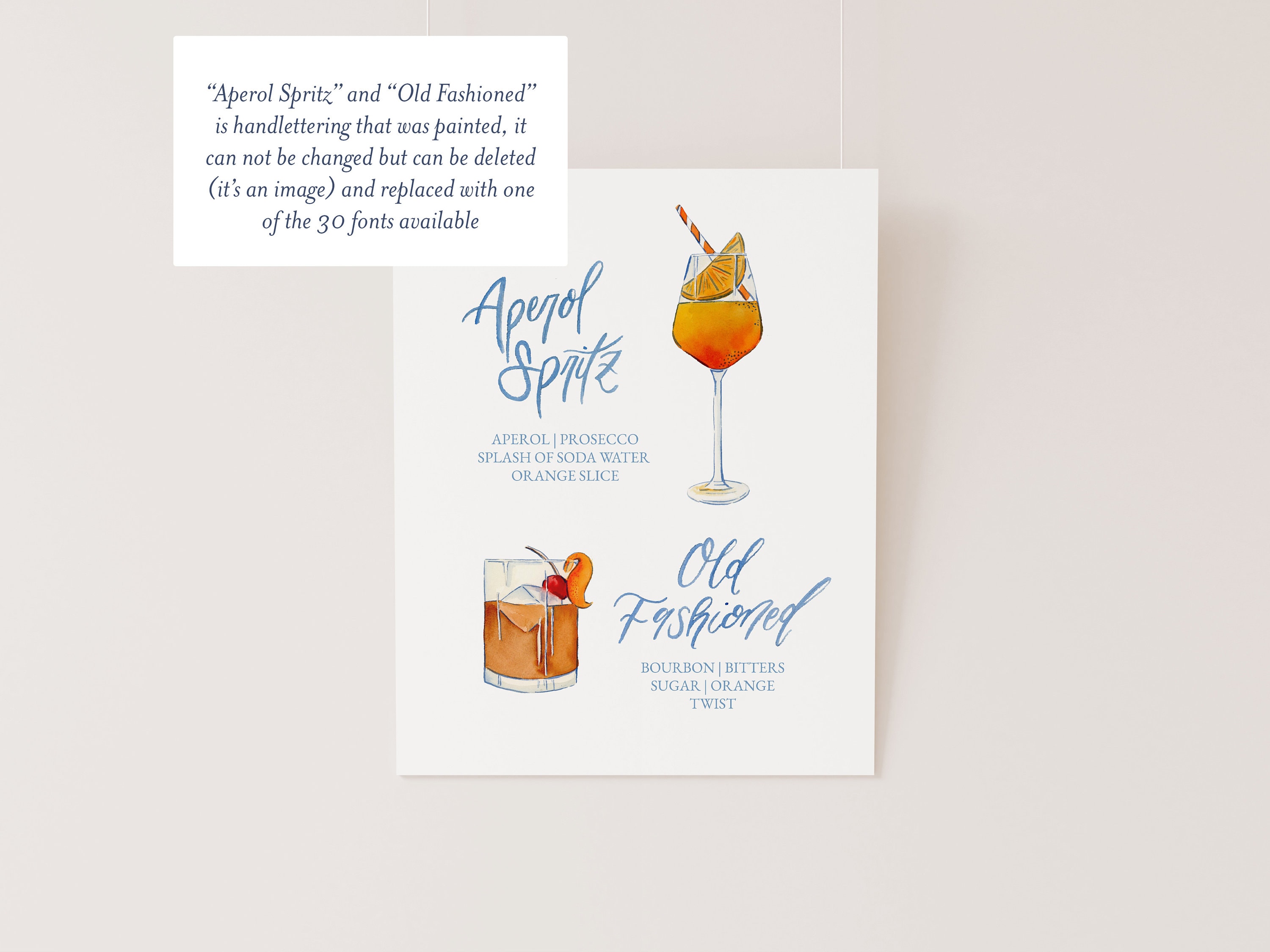 Aperol Spritzer and Old Fashioned Watercolor Cocktail Menu TEMPLATE ...
