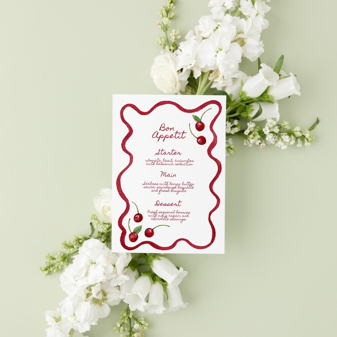 Cherry Squiggle Watercolor Dinner Menu TEMPLATE, Wavy Edge, Cherry Red ...
