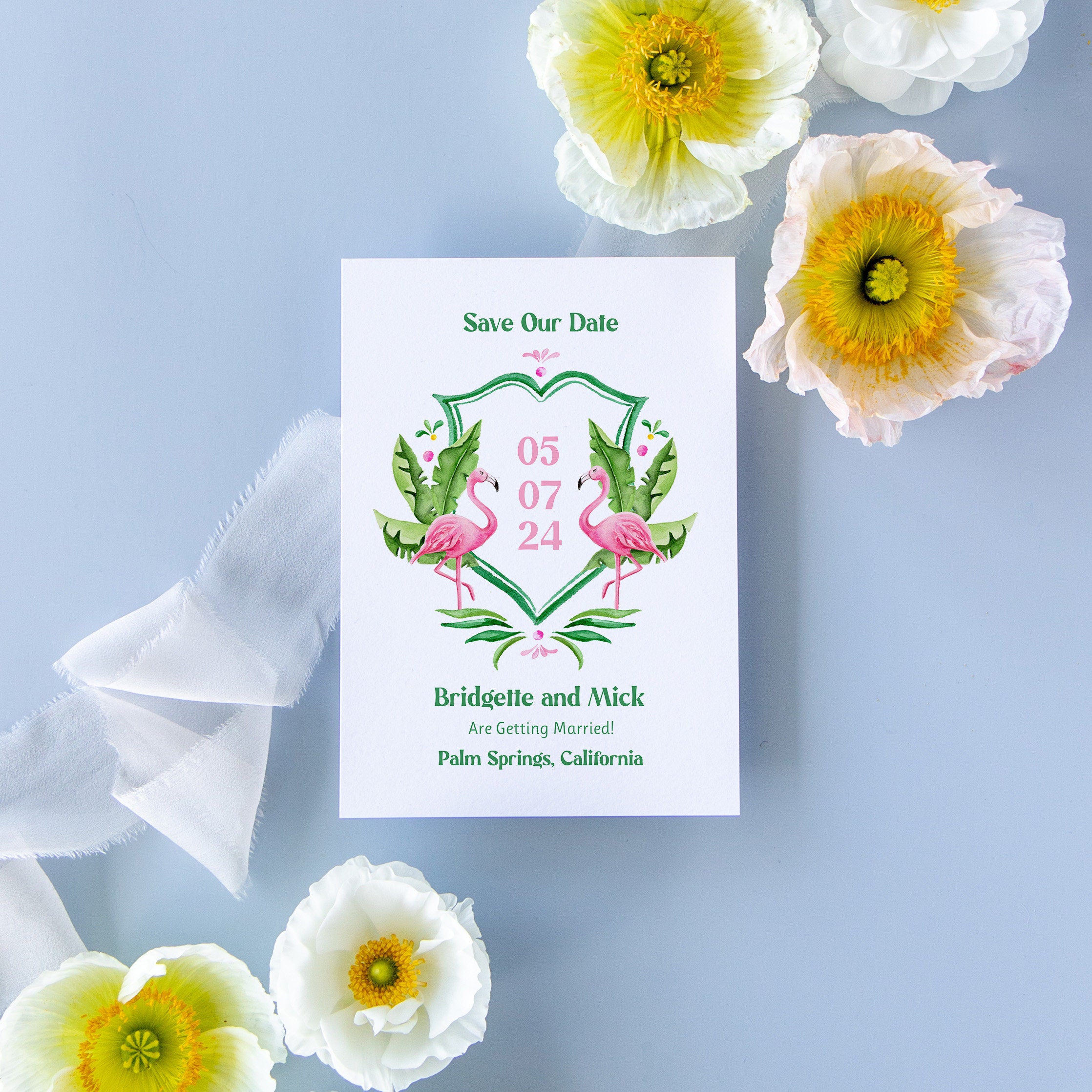 Flamingo Watercolor Crest Save the Date TEMPLATE, Pink and Green ...