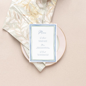 Watercolor Wedding Menu Template: Blue & Green Frame, 5x7 (digital ...