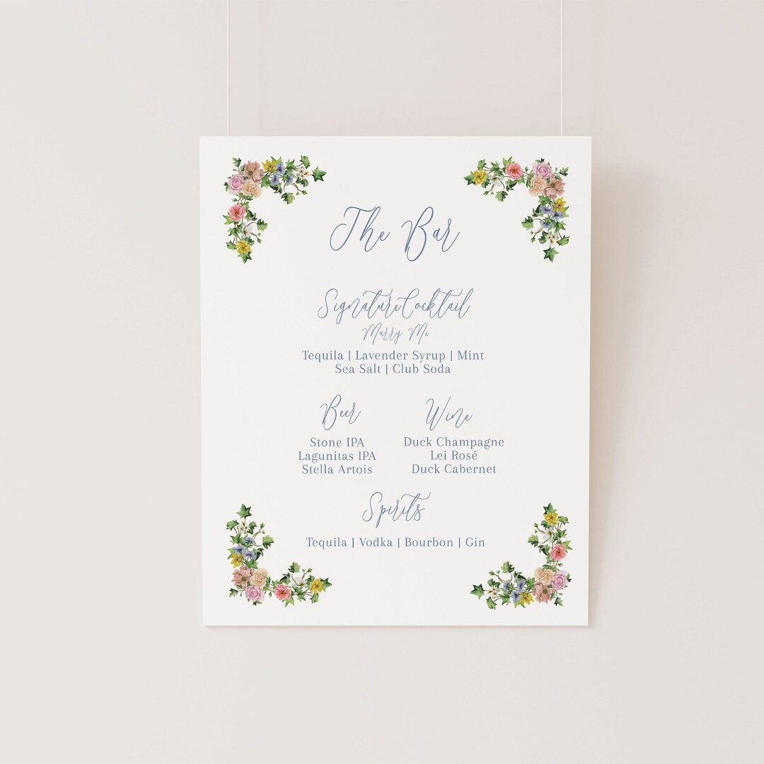 Botanical Bar Menu Template, Garden Themed Wedding, Bar Menu 8x10 ...