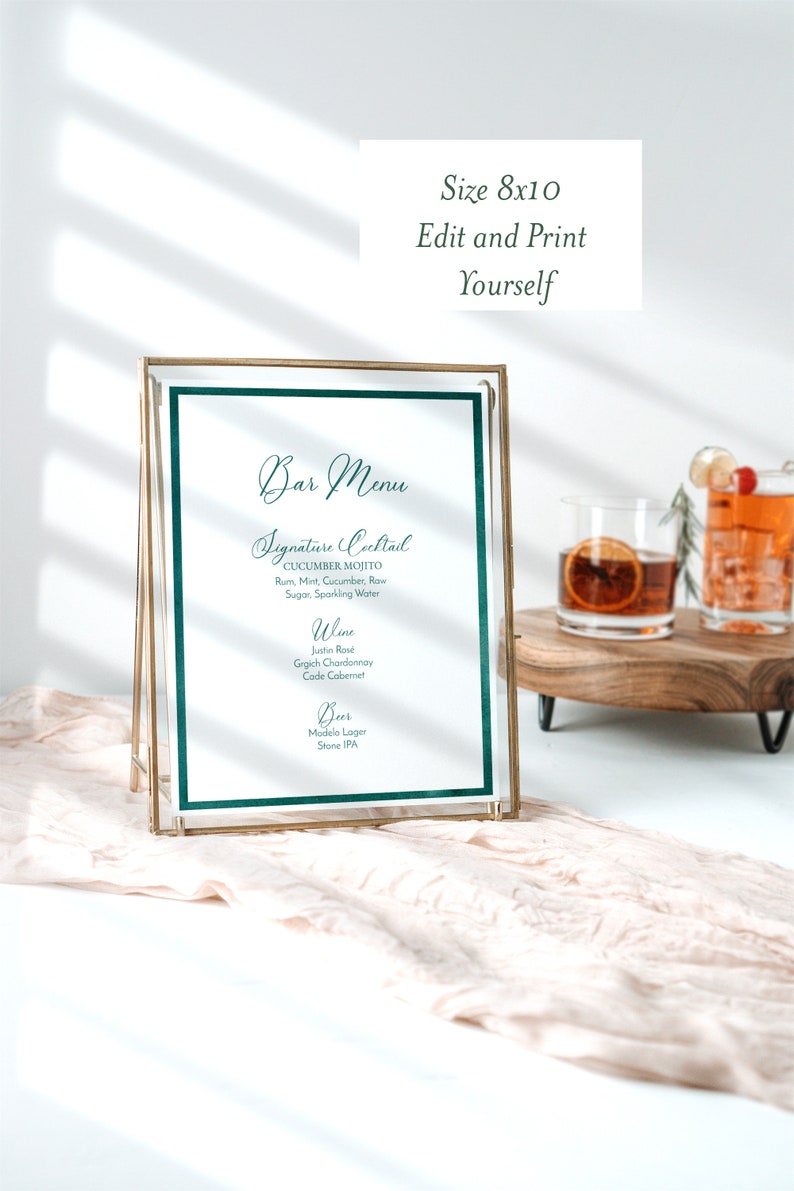 Watercolor Emerald Bar Menu TEMPLATE Jewel Tone Watercolor - Etsy