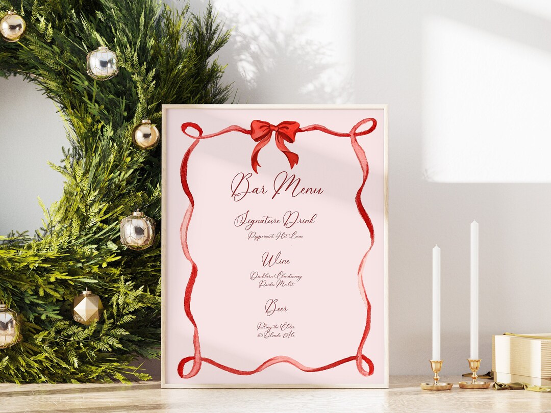 Red Bow Christmas Bar Menu Template: Holiday Party Sign (8x10) (digital ...